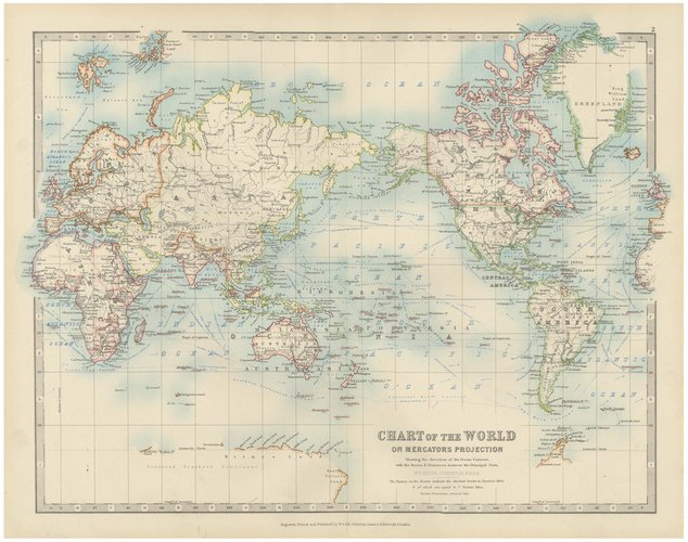 Antique World Map of Mercator's Projection with Ocean Currents and ...