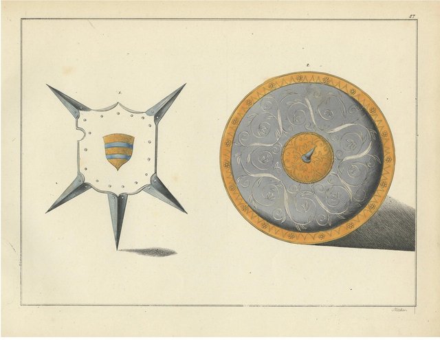 Ornate Spiked and Circular Shields, 1842, Lithograph for sale at Pamono