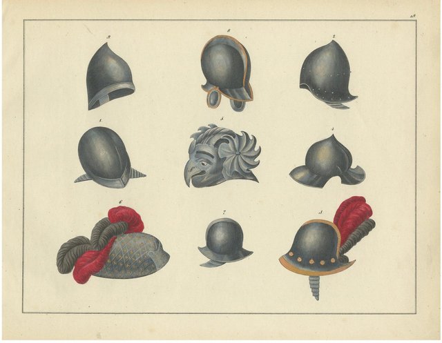 Medieval and Renaissance Helmets, 1842, Lithograph for sale at Pamono