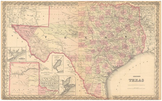 Large Antique Map of Texas with Panhandle and Bay Inset Maps, 1873 for ...