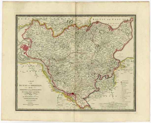 Map of Holstein with the Imperial Towns Hamburg and Lubeck in Germany ...