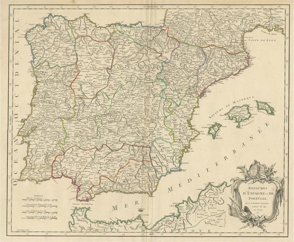 Large Map of the Kingdoms of Spain and Portugal by Robert De Vaugondy ...