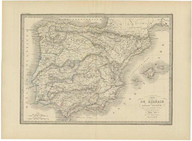Antique Map of Iberia or the Iberian Peninsula with Portugal and Spain ...