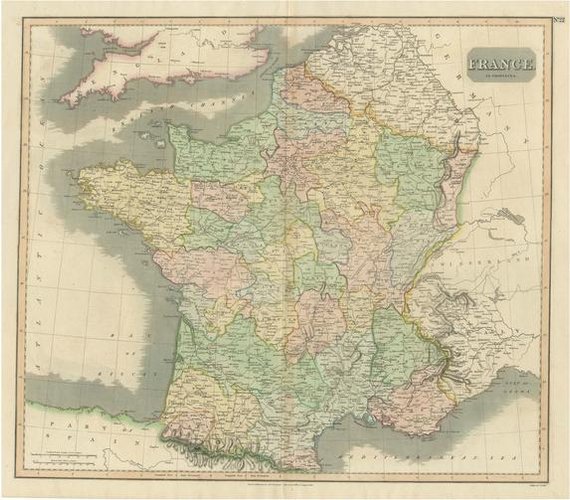Large Antique Hand-Colored Map of France, 1814 for sale at Pamono