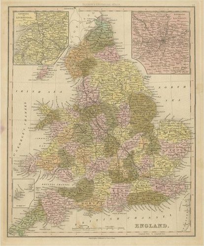Antique Map of England with Inset Maps of Liverpool and London, 1842 ...