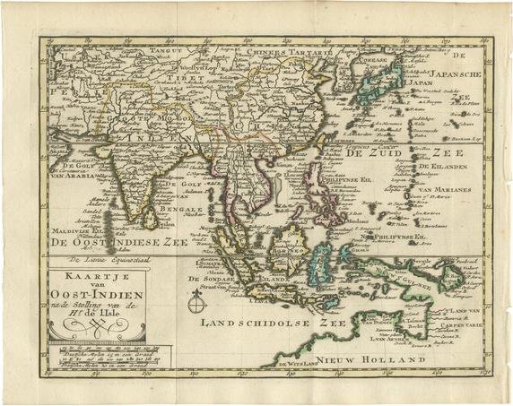 Authentic Map of Southeast Asia with Original Border Coloring, 1745 for ...