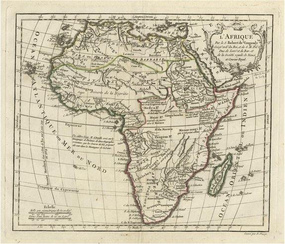 Antica mappa dell'Africa con cartiglio e scala francesi, 1780 in ...