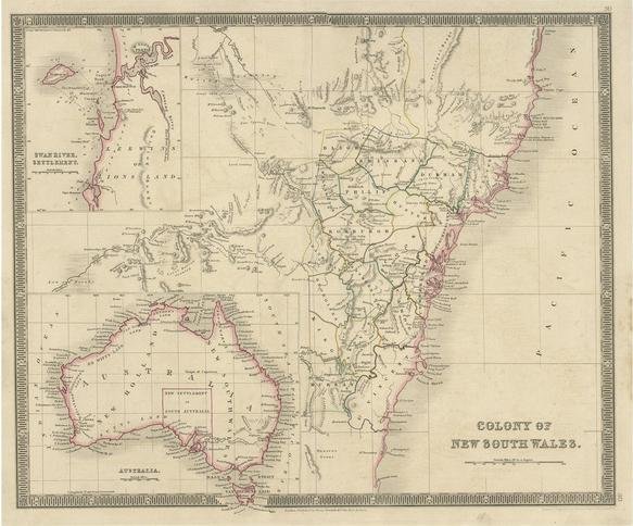 Antique Map of New South Wales with Inset Maps of Australia and Swan ...