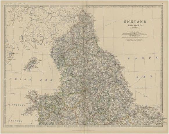 Antique Map of Northern England and Wales by Johnston, 1882 for sale at ...