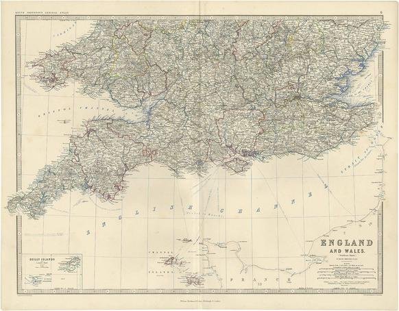 Antique Map of England and Wales by A.K. Johnston, 1865 for sale at Pamono