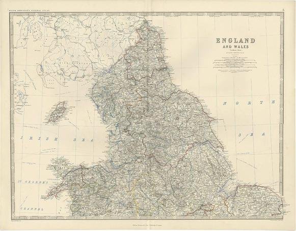 Antique Map of England and Wales North by A.K. Johnston, 1865 for sale ...