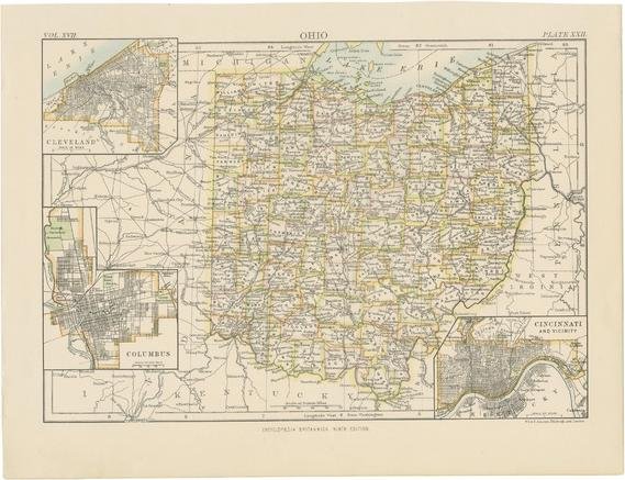 Antique Map of Ohio with Inset Maps of Cleveland and Columbus and ...