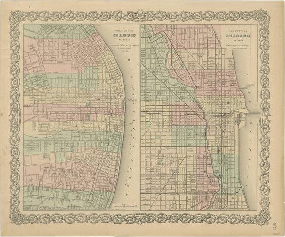 Antique Map of St. Louis and Chicago, 1855 for sale at Pamono