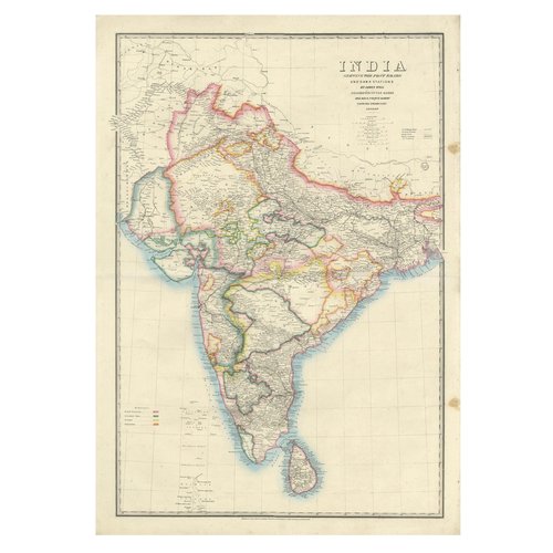 Large Antique Map of India Post Roads and Dak Stations by James Wyld ...