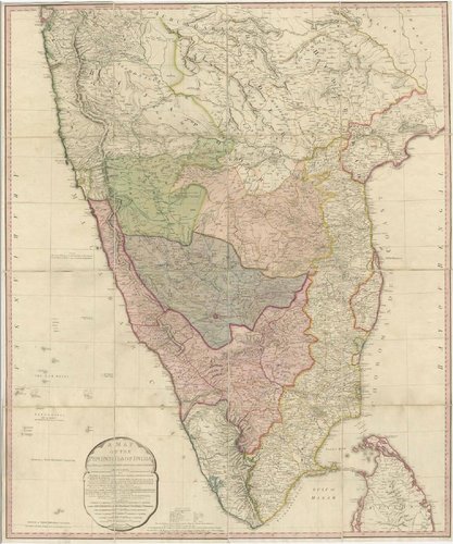 Large Decorative Colonial-Era Map of South India Peninsula of India ...