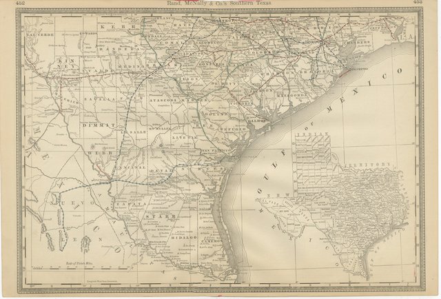 Antique Map of Southern Texas Railroads, Counties and Settlements, 1888 ...