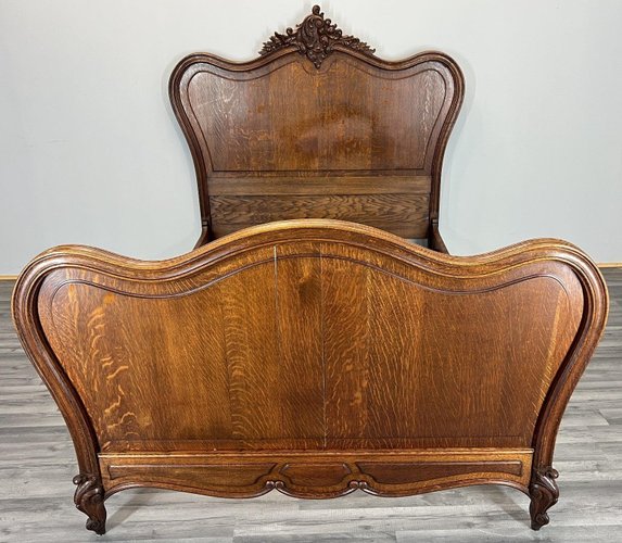 Antique French Roca Style Oak Double Bed for sale at Pamono