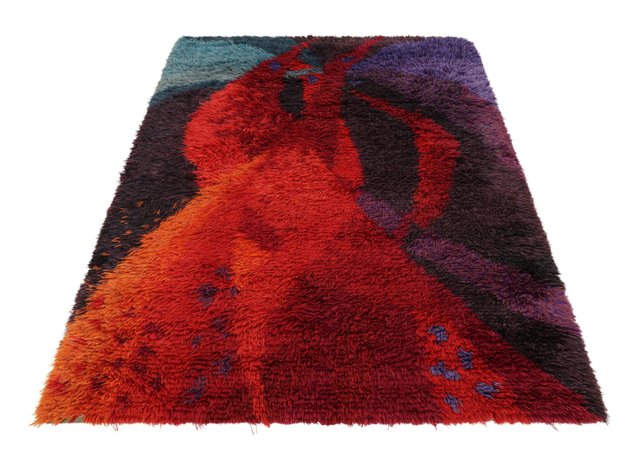 Vintage Swedish Rya Rug in Red with Abstract Geometric Patterns for ...