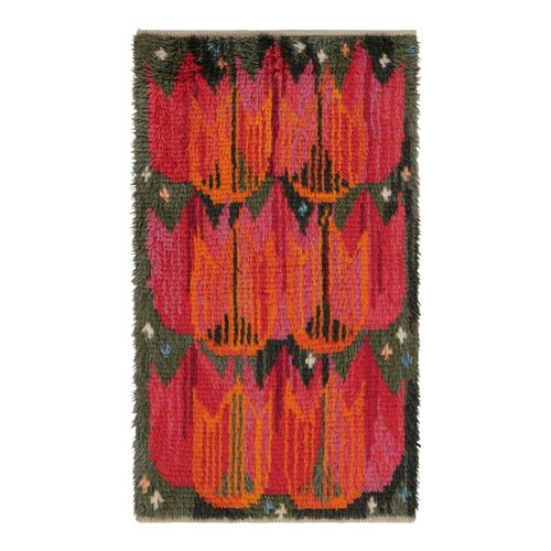 Vintage Swedish Rya Rug with Red Floral Motifs for sale at Pamono