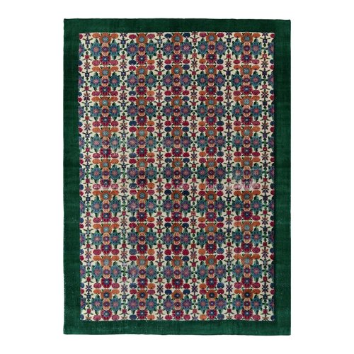 Vintage Art Deco Style Hand-Knotted Rug in Green, Beige and Blue Floral ...