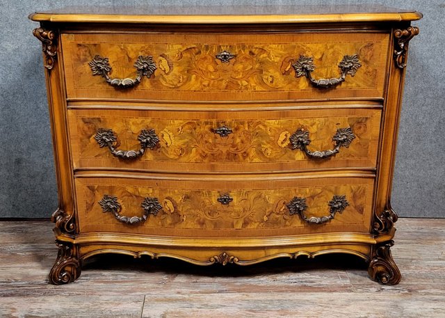 Italian Baroque Style Curved Chest of Drawers in Burl Marquetry, Early ...