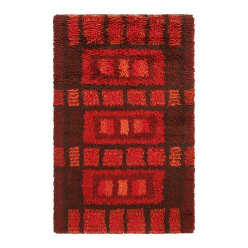 Vintage Swedish Rya Rug in Red and Brown with Geometric Pattern for ...