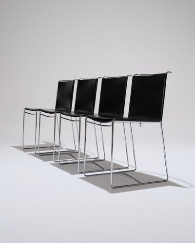 Black Leather Wire Chairs by Pascal Mourgue for Ligne Roset, 1990s, Set ...