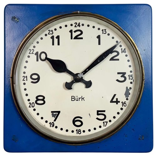 Large Industrial Square Blue Wooden Wall Clock from Burk, 1950s for ...