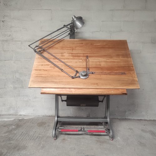 Industrial Drafting Desk with Red Pedals and Drawing Arm for sale at Pamono