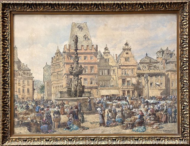 Samuel John Hodson, The Main Market in Trier, 1886, Large Watercolor ...