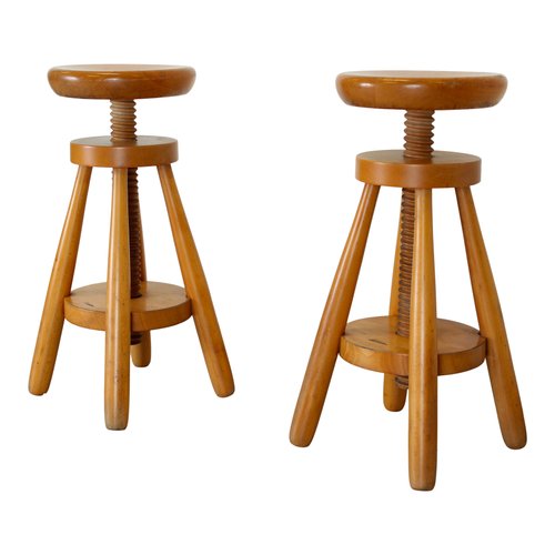 Mid-Century Modern Adjustable Swivel Fir Screw Stools, Italy, 1960s ...