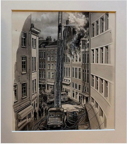 Charles Burki, Fire Brigade in Narrow Street Illustration, 1960s ...