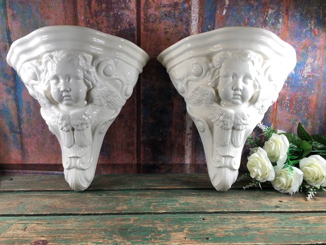 Gien White Ceramic Wall Consoles with Cherub Faces, 1980s, Set of 2 for ...