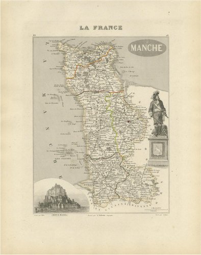 Antique Engraved Map of Manche with Mont Saint-Michel in France, 1850 ...