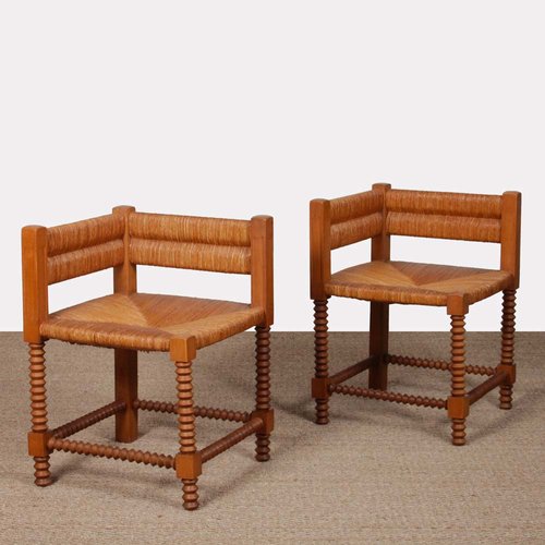 Turned Wood Corner Chairs with Straw Seats, 1940, Set of 2 for sale at ...