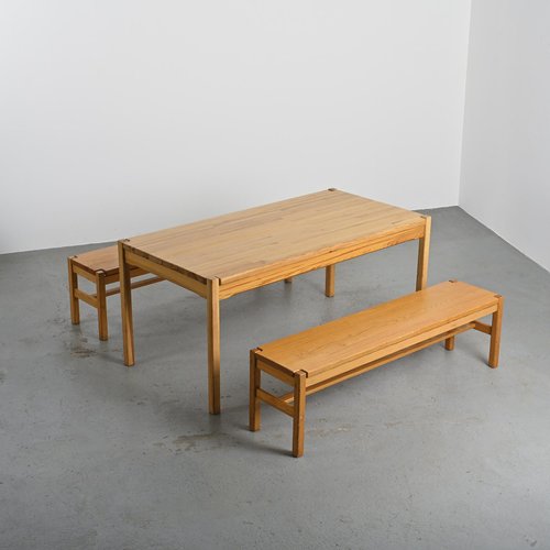 Pine Table and Benches, France, 1980s, Set of 3 for sale at Pamono