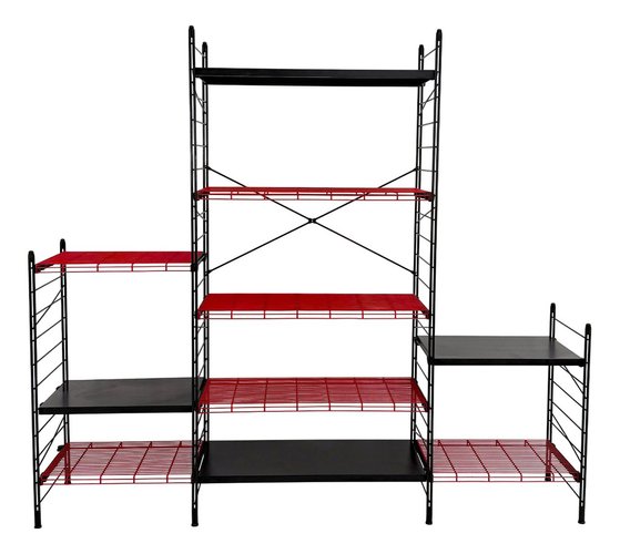 Vintage Black and Red Bookshelf in Metal, 1980s for sale at Pamono
