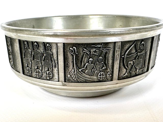 Vintage Norwegian Bowl with Viking Scenes from Konge Pewter H.S., 1960s ...