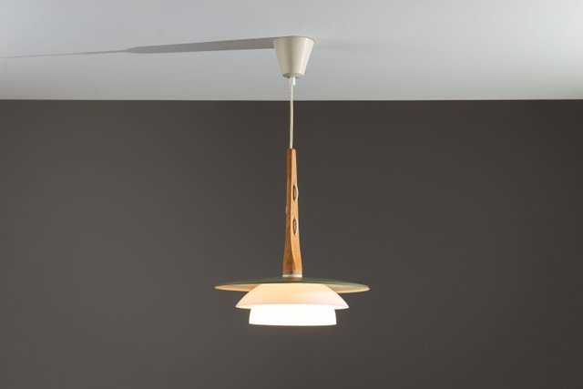 Pendant Light in Oak Wood with Green Shade and Glass, 1960s for sale at ...