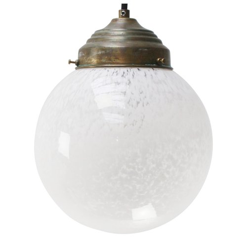 Art Deco French White Glass Globe and Brass Pendant Lamp for sale at Pamono