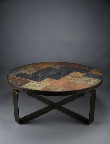 Brutalist Round Coffee Table in Norwegian Slate, Concrete and Hammered ...