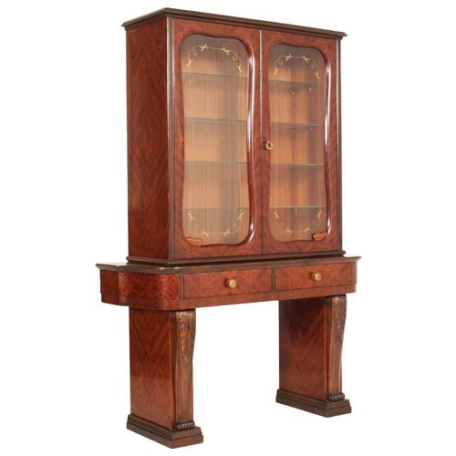 Vintage Showcase with Mahogany Inlays & Walnut Carvings for sale at Pamono