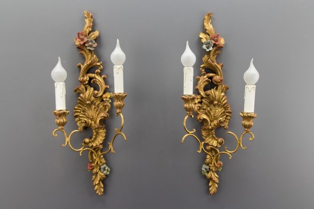 Appliques Murales Style Rococo en Bois Sculpté et Peint Polychrome ...