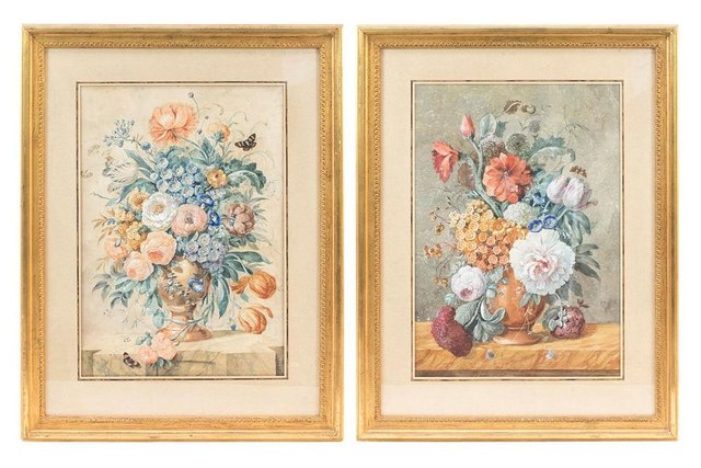19th Century Flowers Bouquets Gouaches, Set of 2 for sale at Pamono