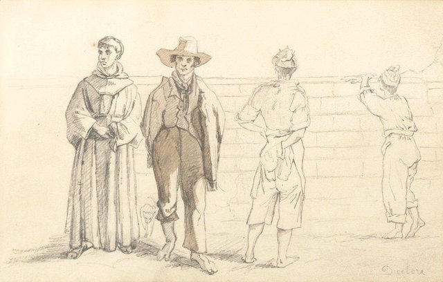 Commoners and Friars - Original Pencil Drawing on Paper y T. Duclère ...