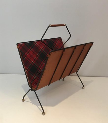 French Black Lacquered Metal, Leather & Square Fabric Magazine Rack ...