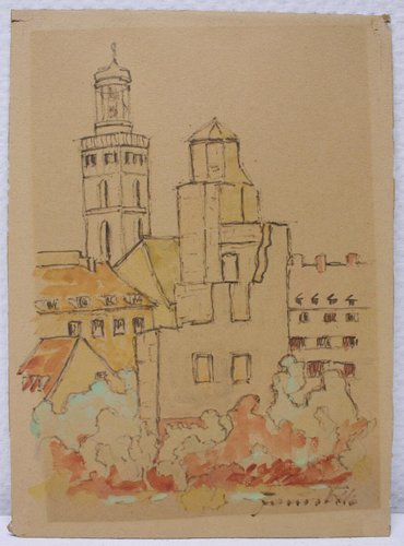 Janos Toth, Darmstadt City Church, 1960, Watercolor for sale at Pamono