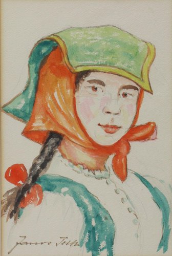 Janos Toth, Trachtenmädchen, 1960, Watercolor for sale at Pamono