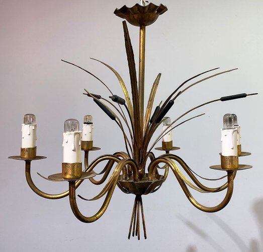 Golden Wrought Iron Ceiling Lamp, 1960s for sale at Pamono