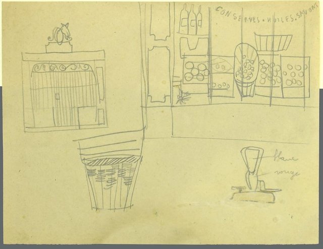 Interior of Grocery Store - Original French Pencil Drawing - Mid-20th ...